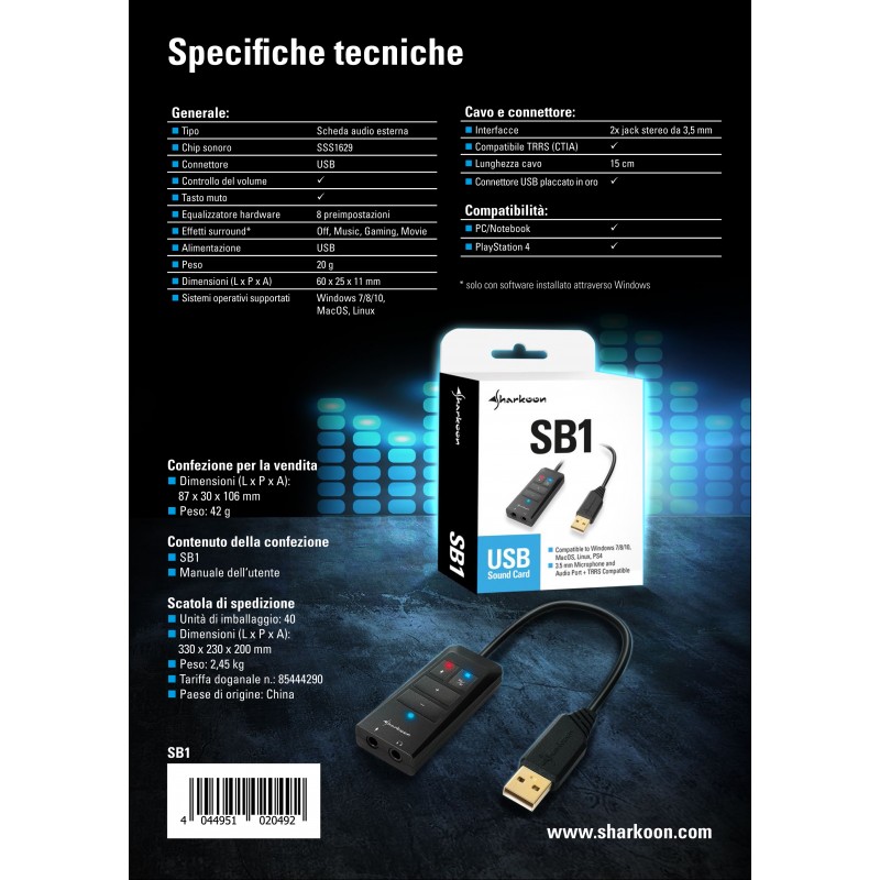 Scheda audio USB esterna Sharkoon SB1 - USB SOUND CARD